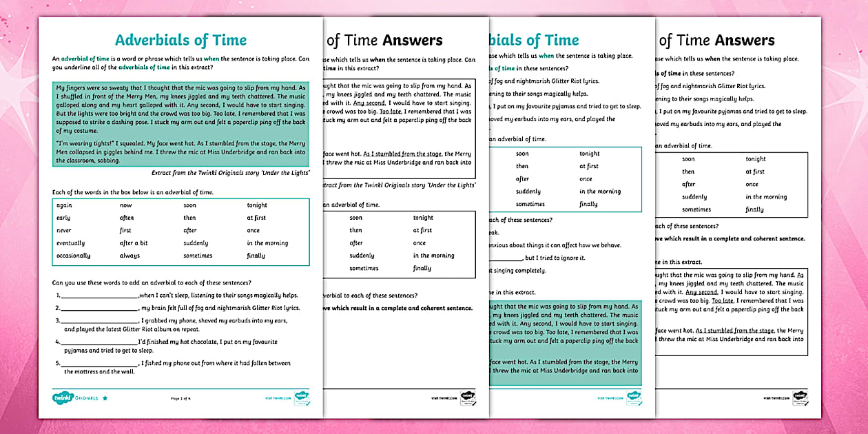 KS2 Time Adverbials Differentiated Worksheet - Twinkl
