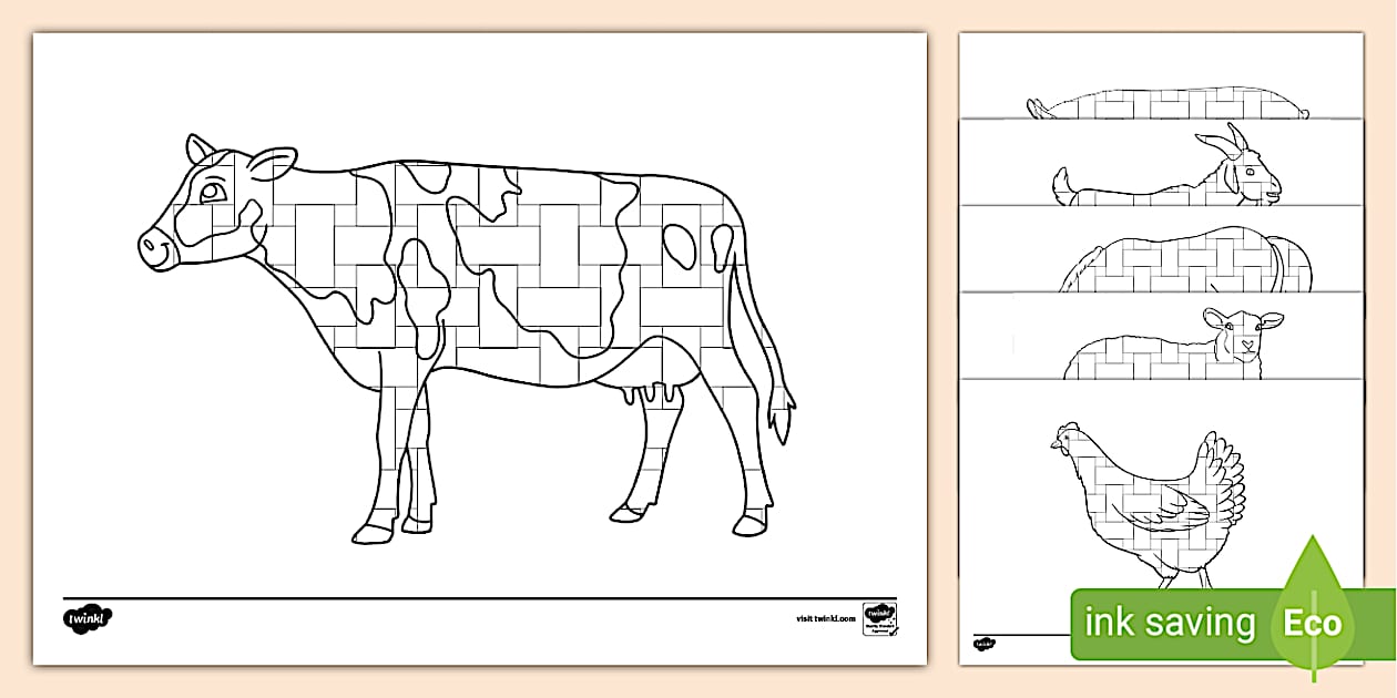 Farm Animals Mosaic Colouring Pages (teacher made) - Twinkl