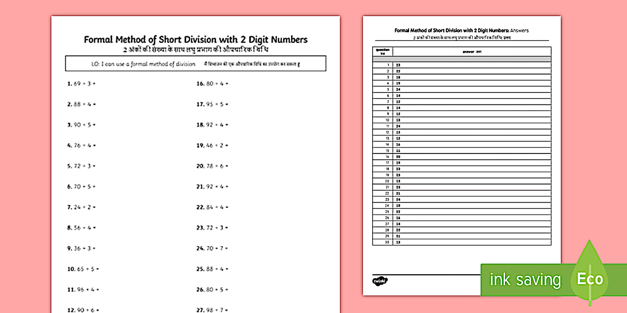 Bus Stop Method Formal Division of 2 Digit Numbers Worksheet - English ...