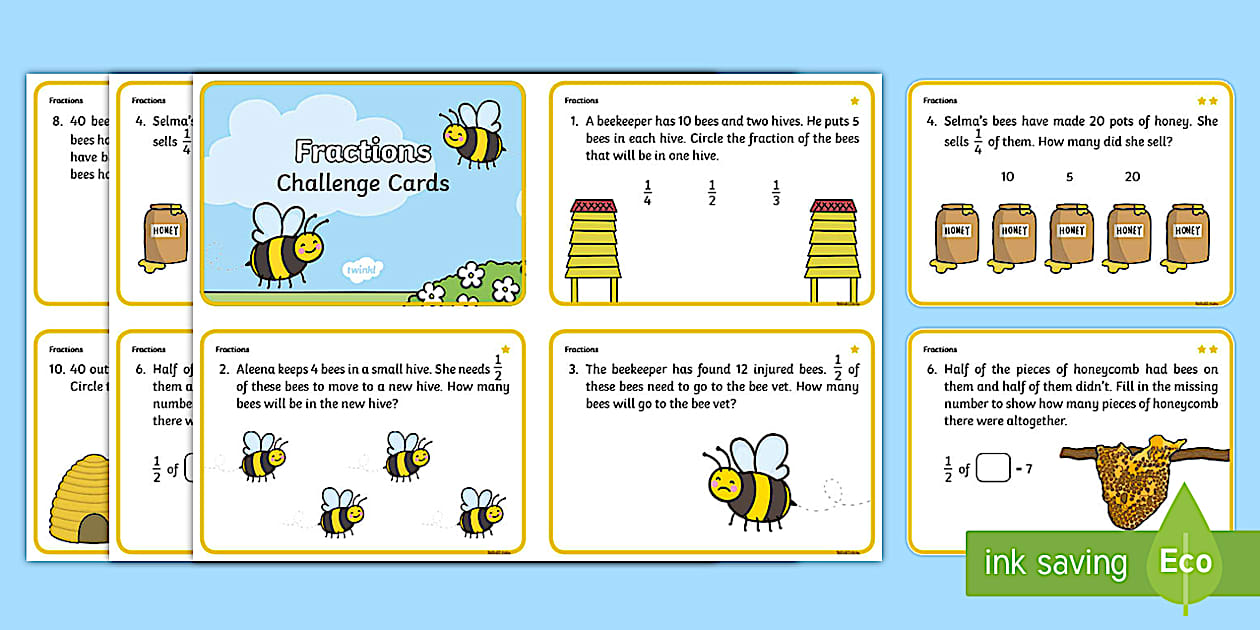Editable Year 1 Bee-Themed Differentiated Fractions Challenge Cards