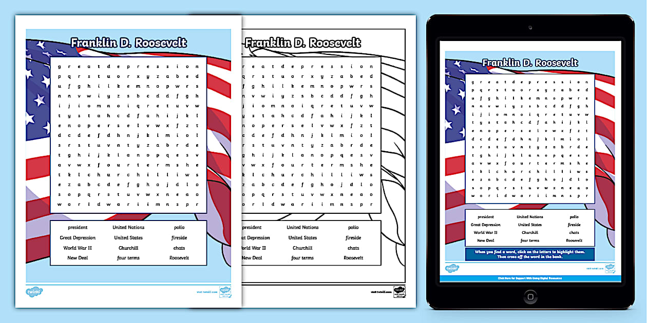 Franklin D. Roosevelt Word Search for 3rd-5th Grade - Twinkl