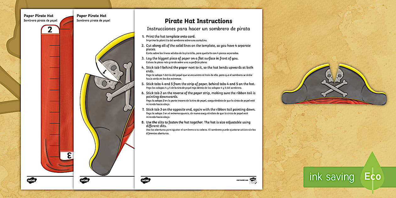 Pirate Hat Paper Craft - English / Spanish - Pirate Hat Paper Craft ...