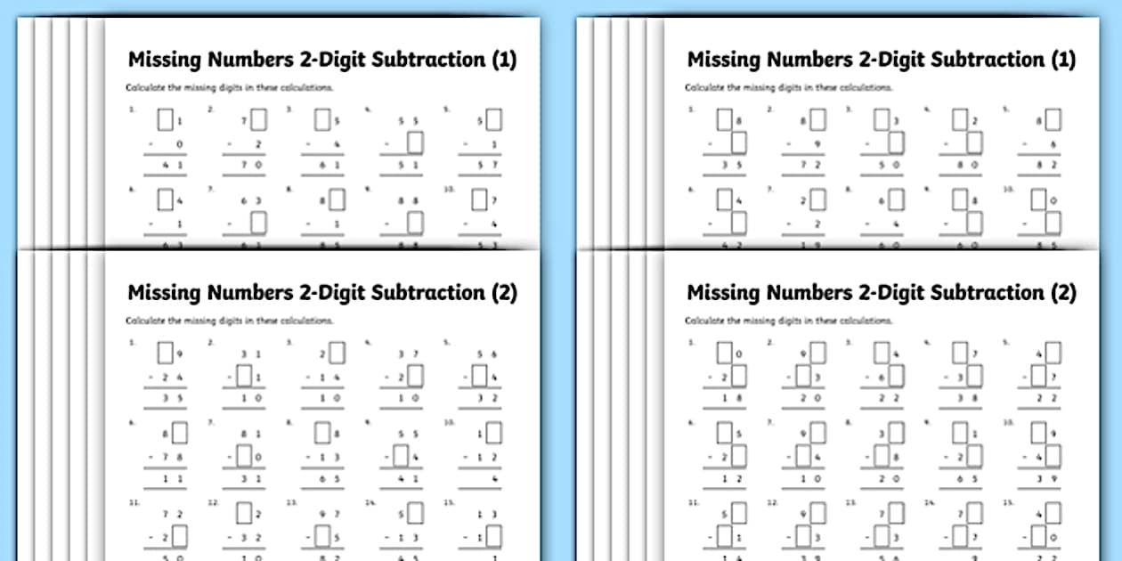 Subtraction 2-Digit Missing Numbers Differentiated Worksheet / Worksheet Pack,