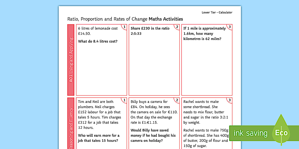 Foundation: Ratio, Proportion and Rates of Change (Calculator) Activity Mat