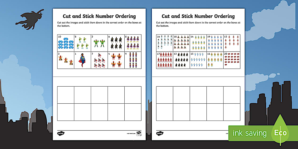 Superhero Themed Cut and Stick Number Ordering Sheets 1-20
