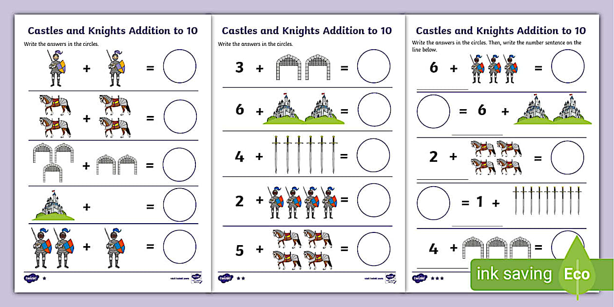 Castles and Knights Addition to 10 Differentiated Worksheets
