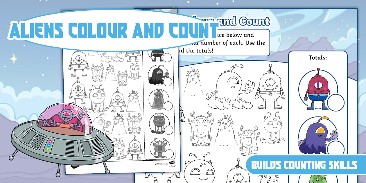 Aliens Colour and Count Worksheet