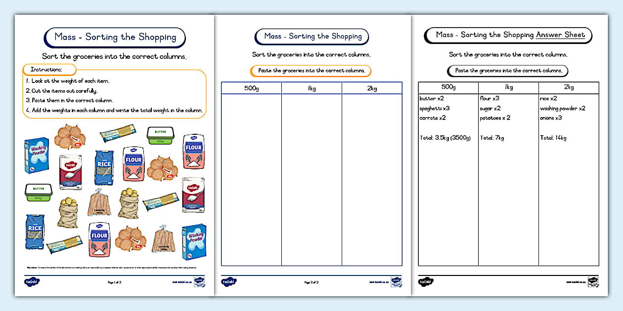 Grade 2 Maths: Mass: Sort the shopping (teacher made)