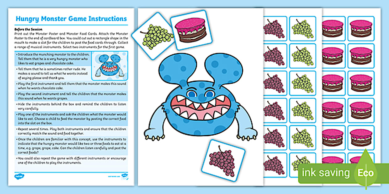 Black and White Hungry Monster and Food Picture Cards