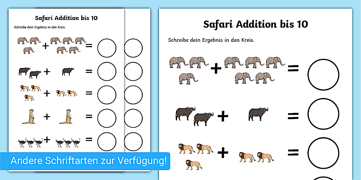 Safari Addition bis 10 - Arbeitsblatt (teacher made)