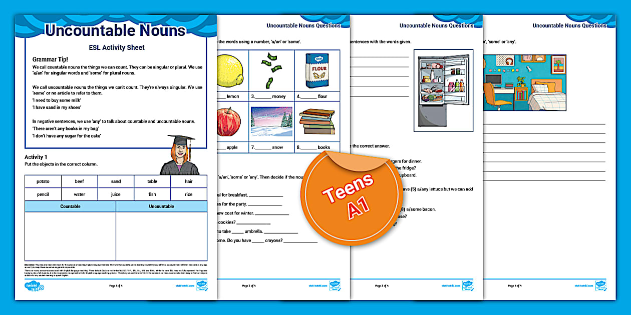 ESL Uncountable Nouns Activity Sheet for Teens - Twinkl