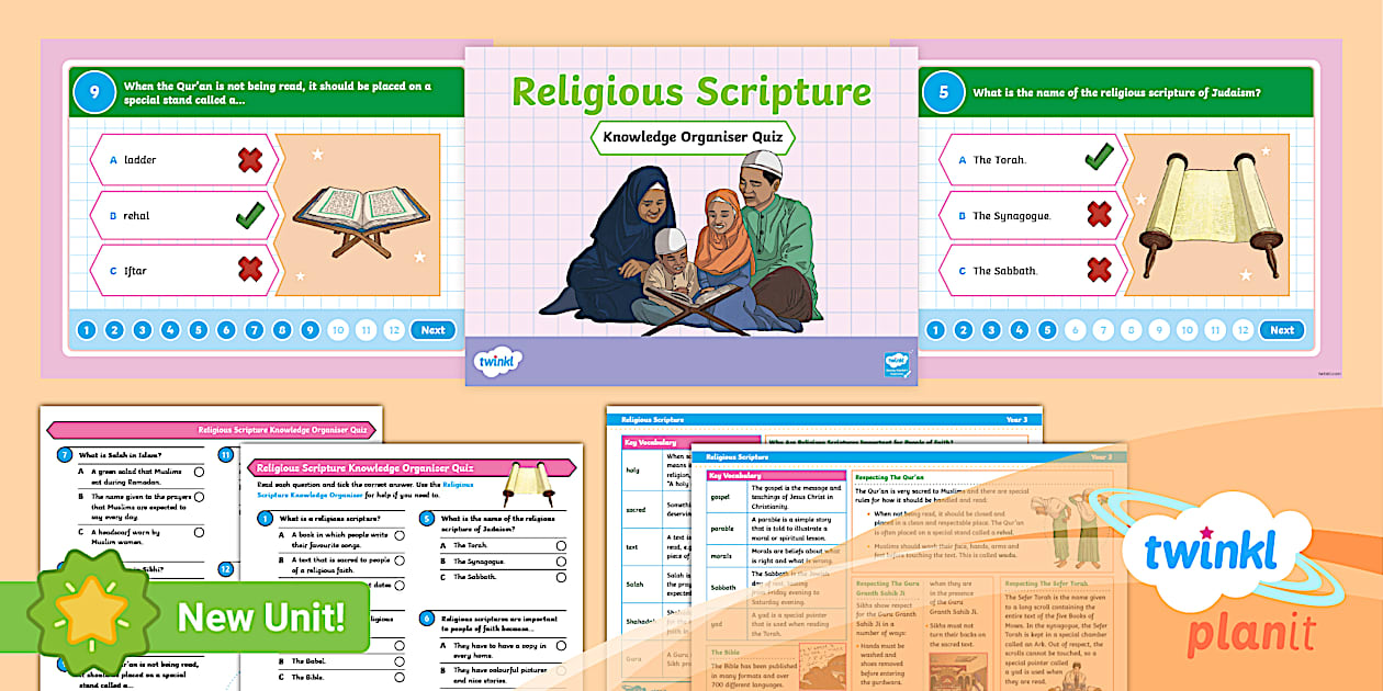 RE: Religious Scripture: Y3: Knowledge Organiser Quiz Pack