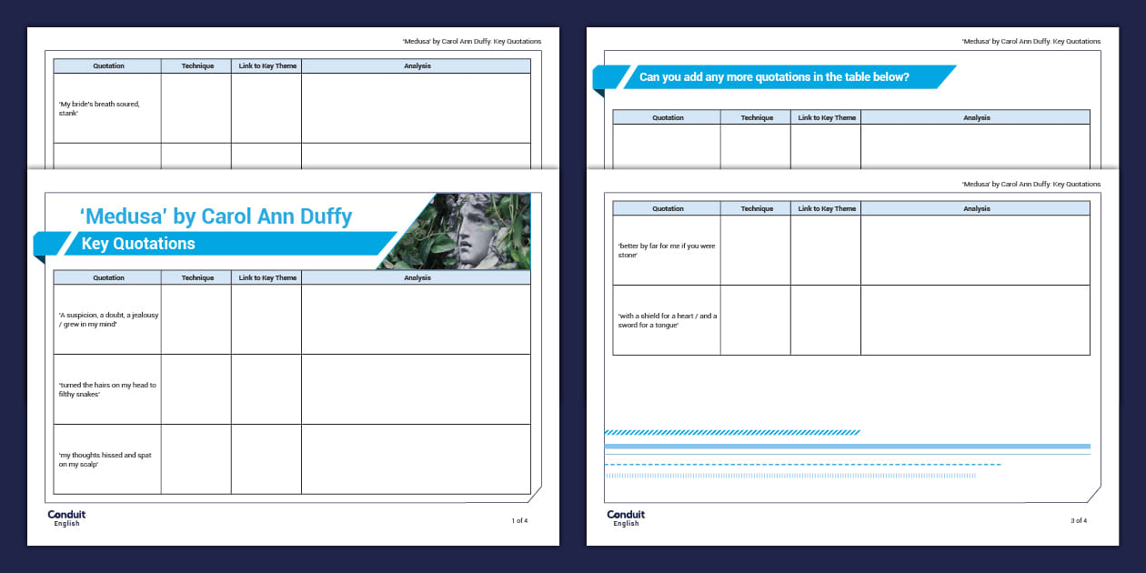 'Medusa' by Carol Ann Duffy: Key Quotations (teacher made)