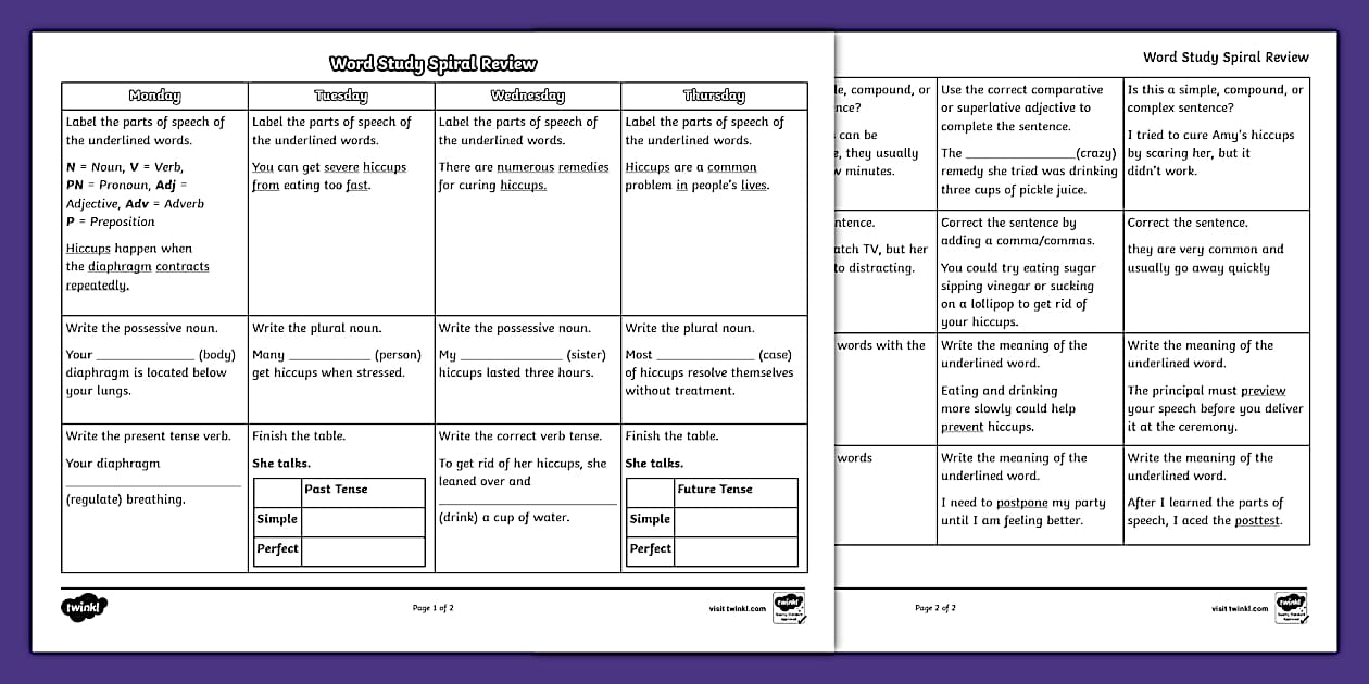Sixth Grade Word Study Spiral Review Activity - Twinkl