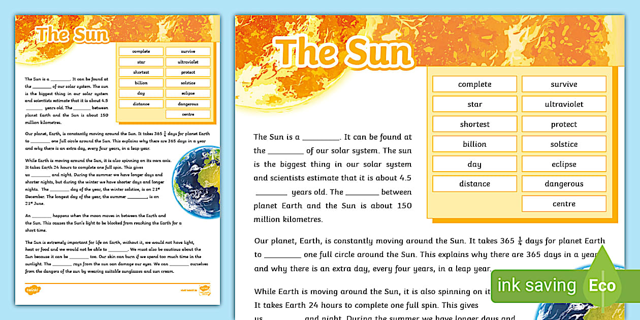 Lower Ability The Sun Cloze Activity Worksheet - Twinkl