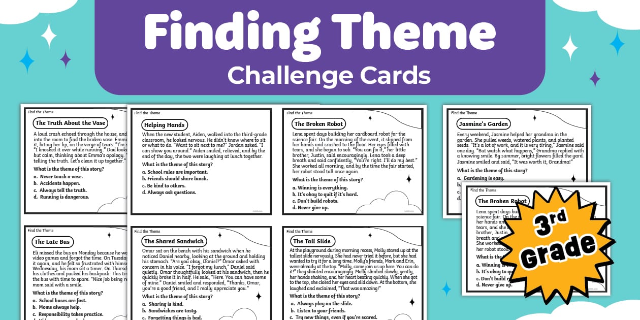 Third Grade Practice Finding Theme Challenge Cards