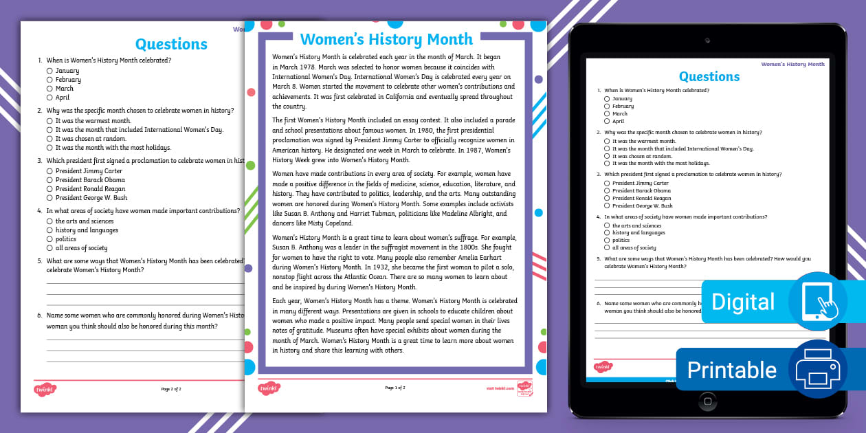 Fourth Grade Women's History Month Reading Comprehension