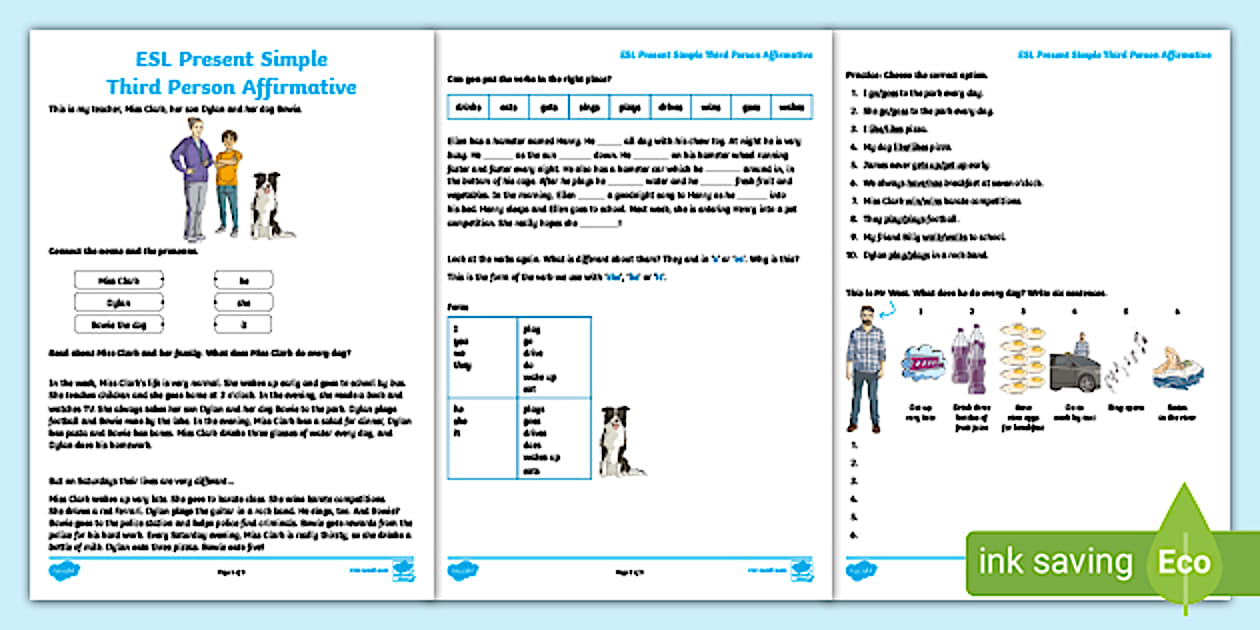 Higher Ability Present Simple Third Person Affirmative Form Worksheet
