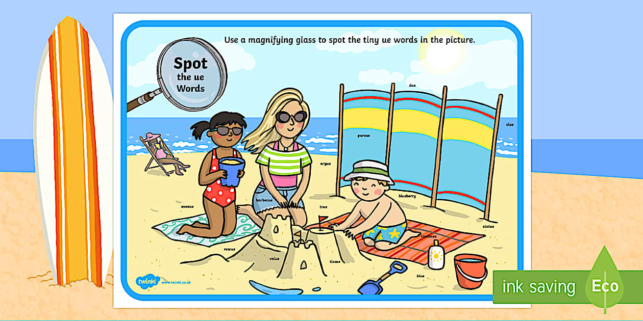 Black and White Phase 5 ue Words Beach Scene Magnifying Glass Worksheet