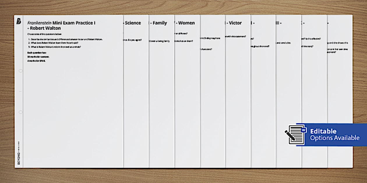 Editable Frankenstein Exam Questions Mini Exam Pack - Twinkl