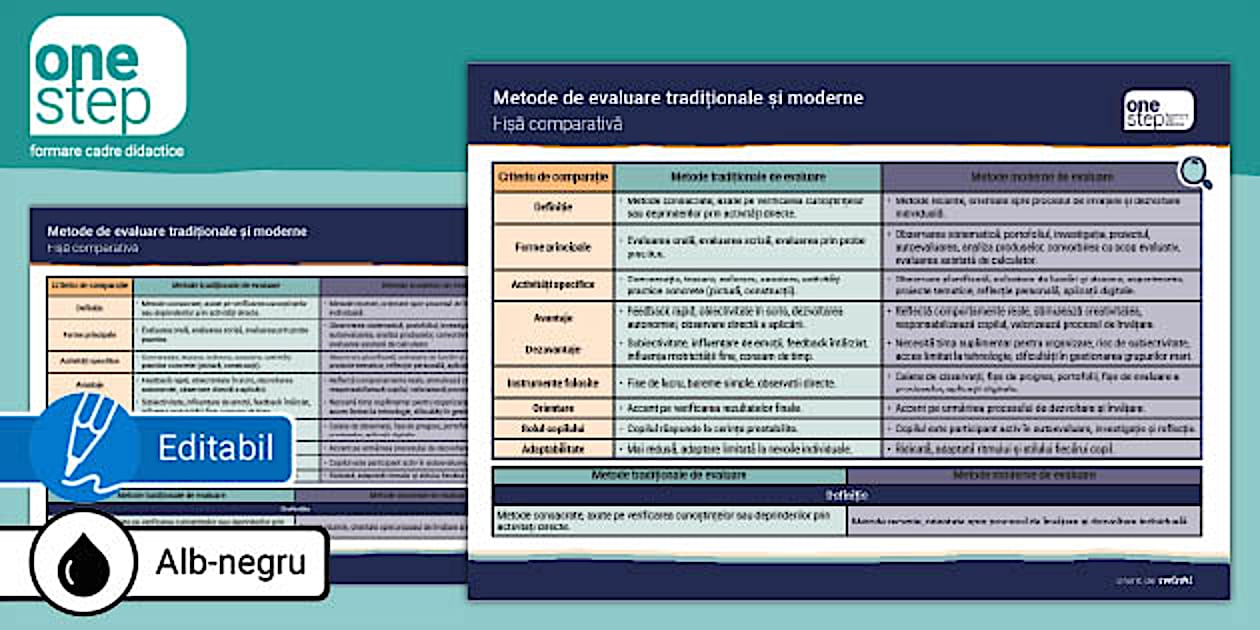 Metode de evaluare tradiționale și moderne: Fișă comparativă