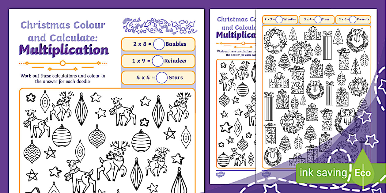Christmas Colour and Calculate: Multiplication - Twinkl