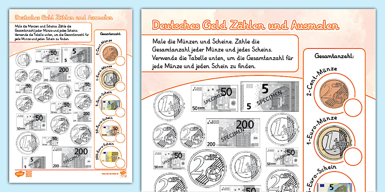 Deutsches Geld - Zählen und Ausmalen Arbeitsblatt - Twinkl