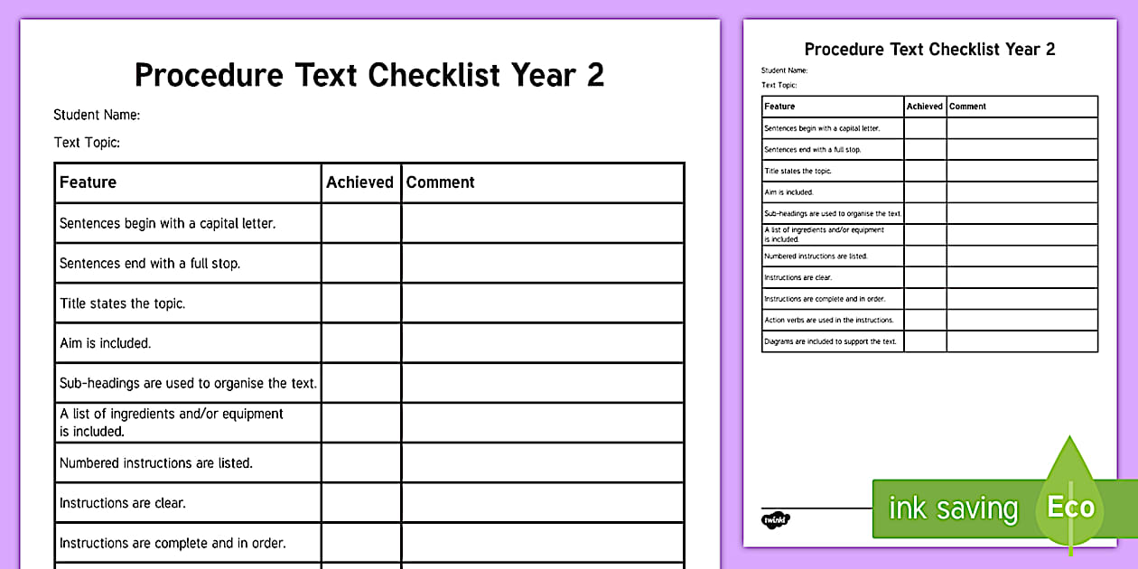 Editable Year 2 Procedure Checklist (teacher made) - Twinkl