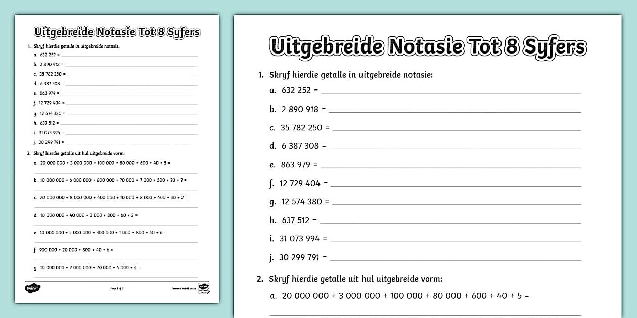 Uitgebreide Notasie Tot 8 Syfers (teacher made) - Twinkl