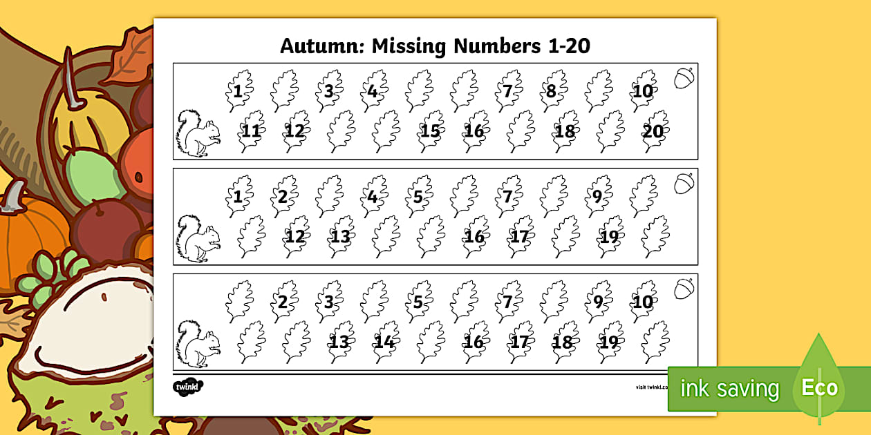 Autumn-Themed Missing Number 1-20 Worksheet - Twinkl