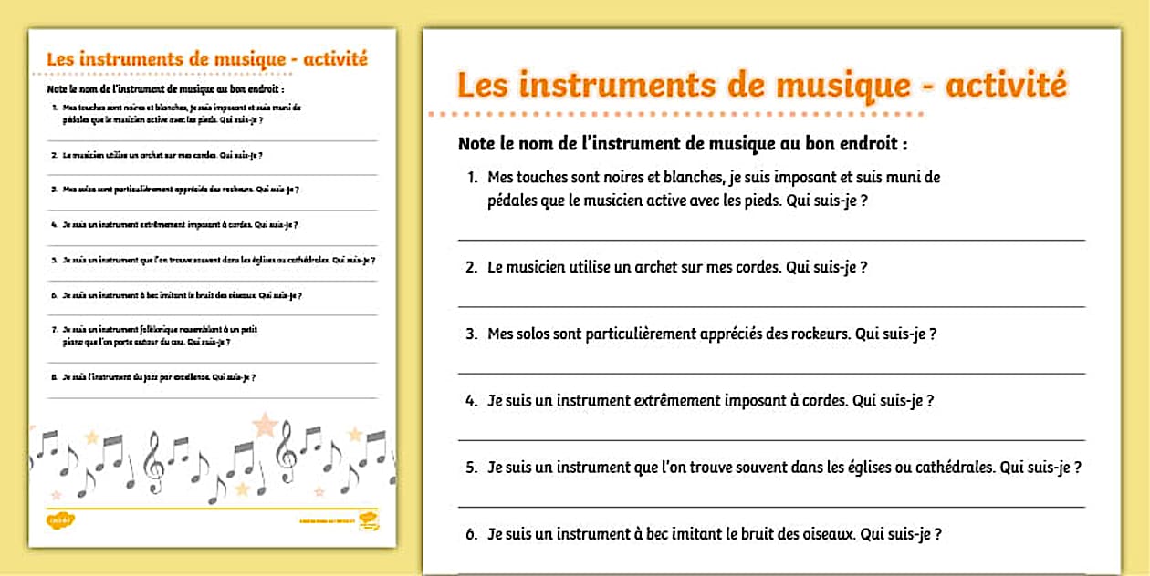 Les instruments de musique - activité (l'enseignant a fait)