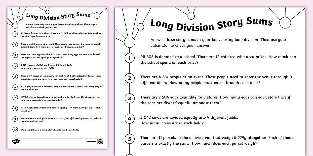 Long Division With Story Sums Activity Sheet Twinkl Long Division With Story Sums Activity Sheet Twinkl