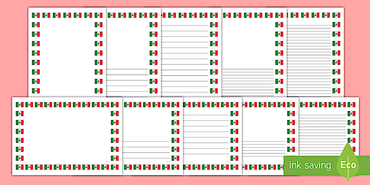 Editable Blank and Lined Journal Writing Pages - Mexican Flag Border