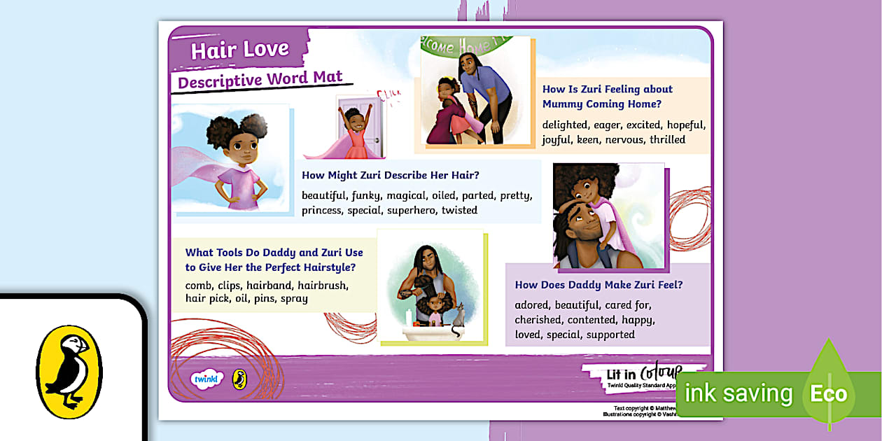 Hair Love Writing Prompts | Descriptive Word Mat | Twinkl