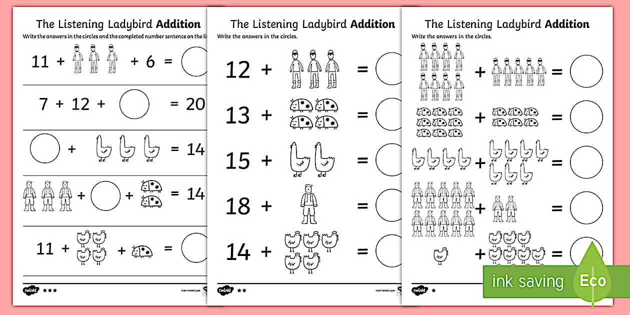 The Listening Ladybird Up to 20 Addition Sheet - Twinkl