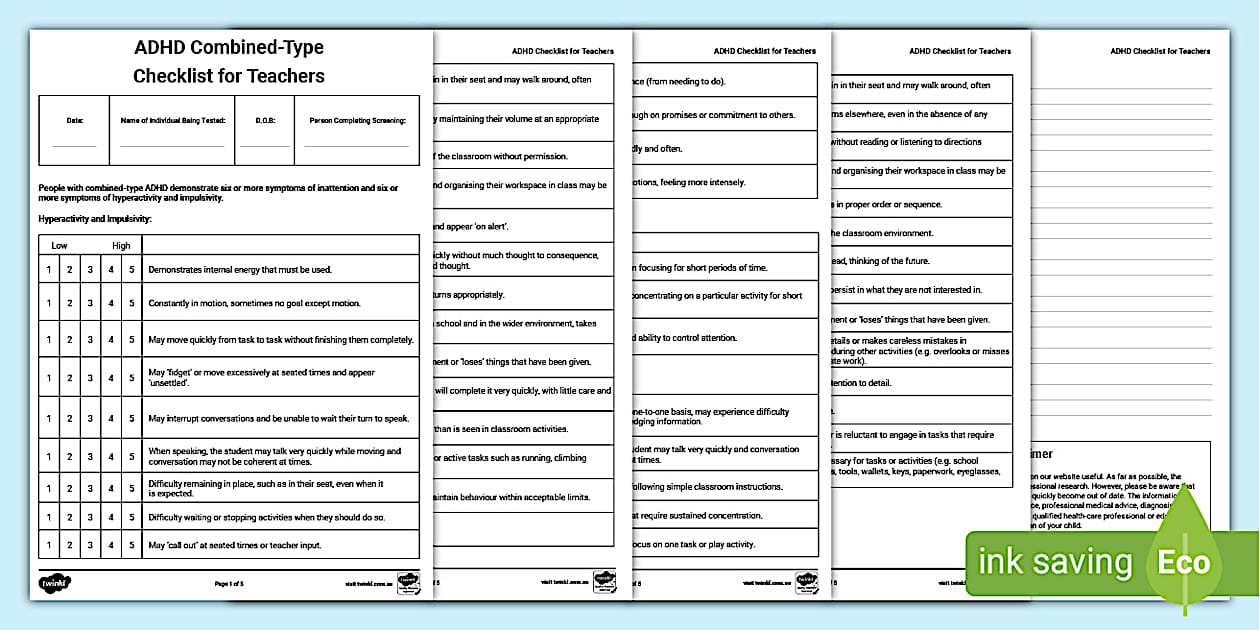 ADHD Symptoms in Children Checklist for Teachers - Twinkl