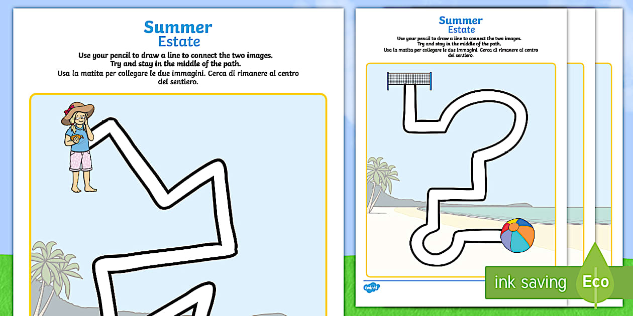Summer Pencil Control Path Worksheet / Worksheets English/Italian - Summer