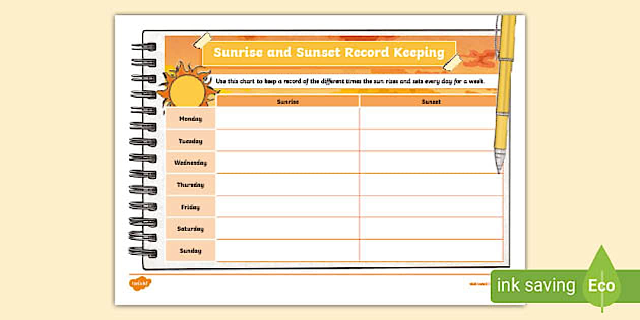 Sunrise and Sunset Record Chart - Twinkl