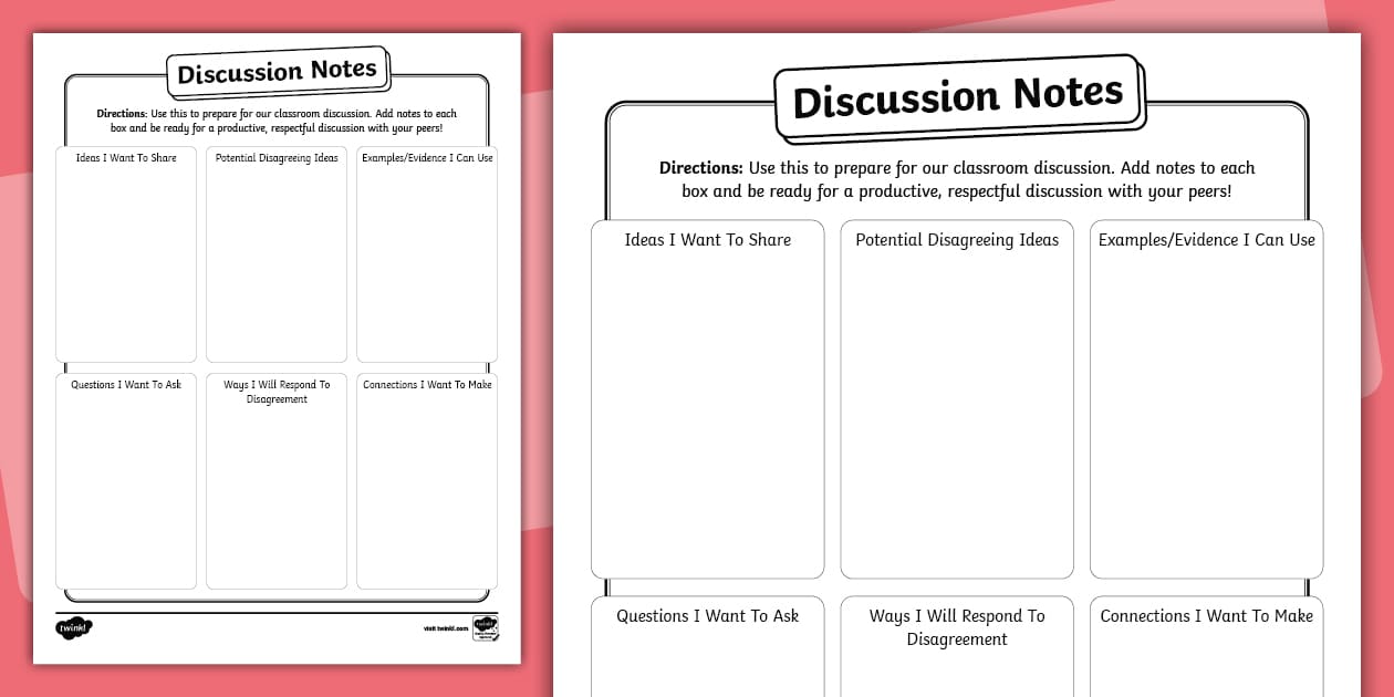 Accountable Talk Discussion Note Template for 6th-8th Grade