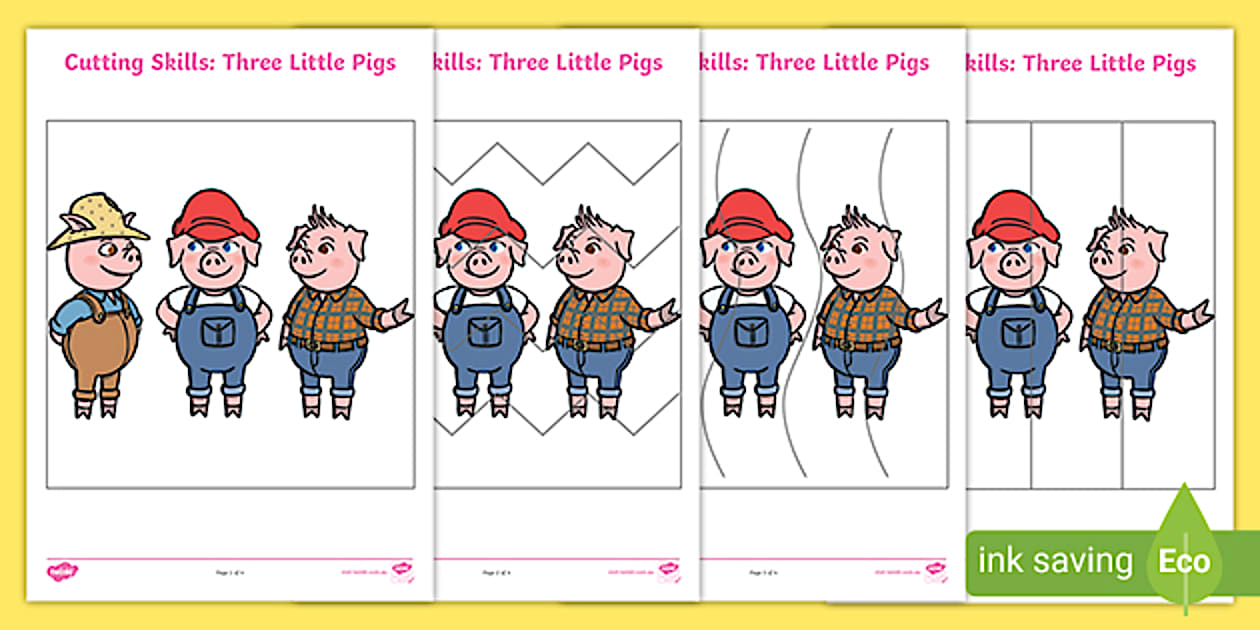 TAS Three Little Pigs Themed Cutting Skills Worksheet
