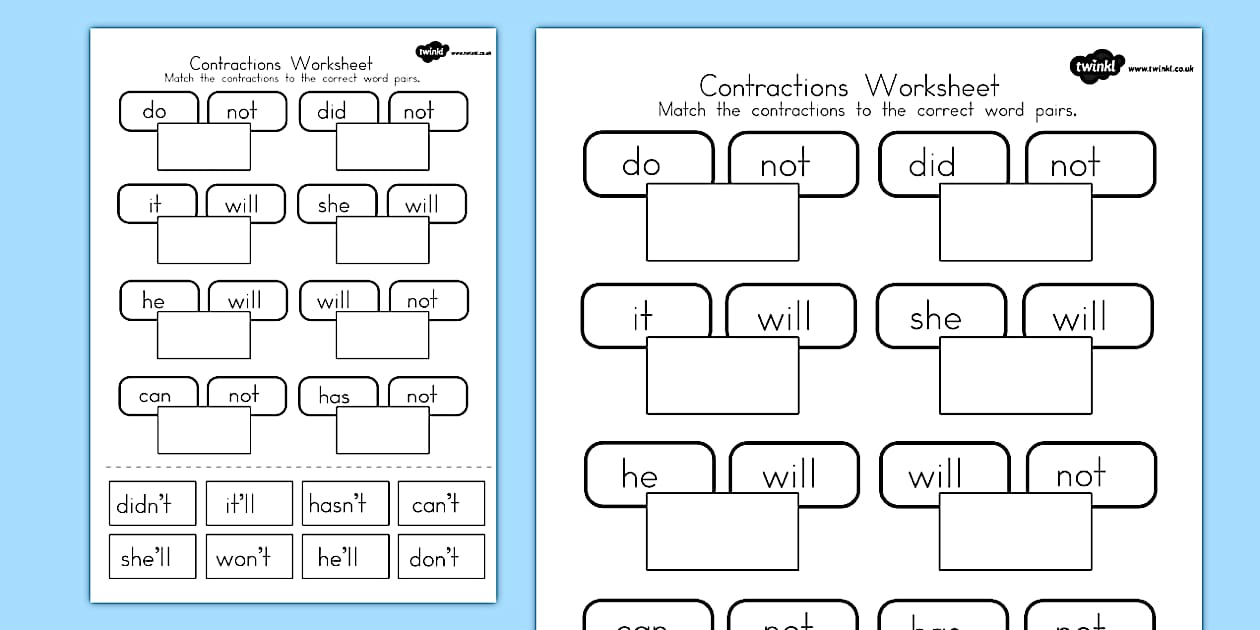 Contractions Worksheet (teacher made) - Twinkl