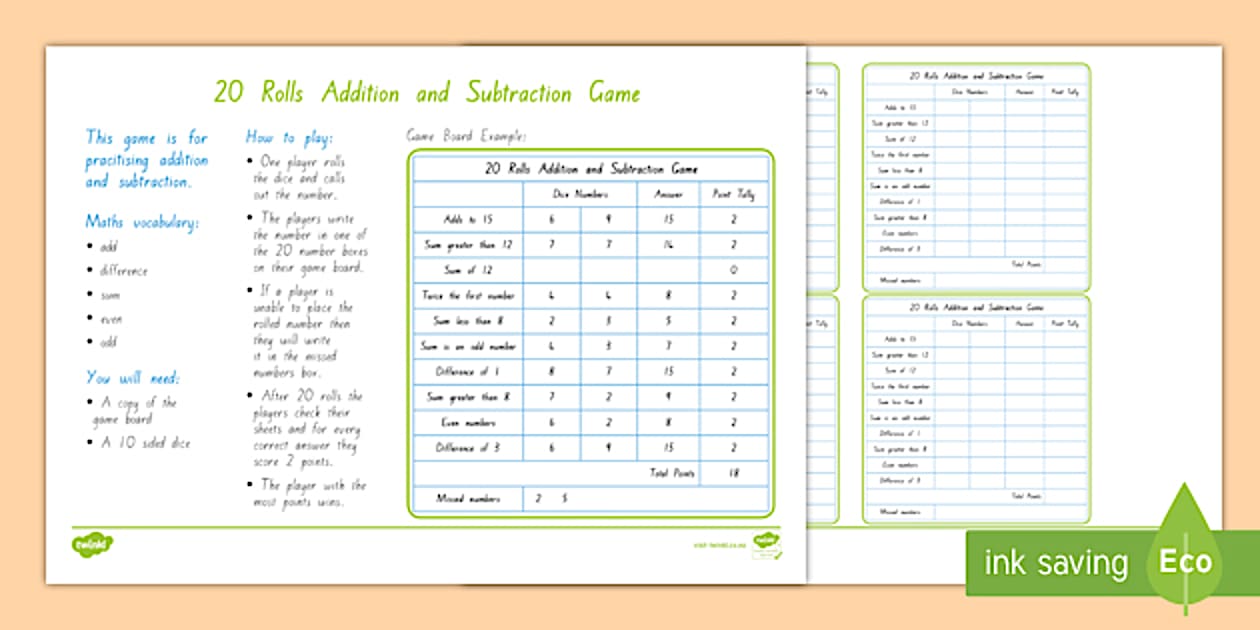 Editable 20 Rolls Addition and Subtraction Game - Twinkl