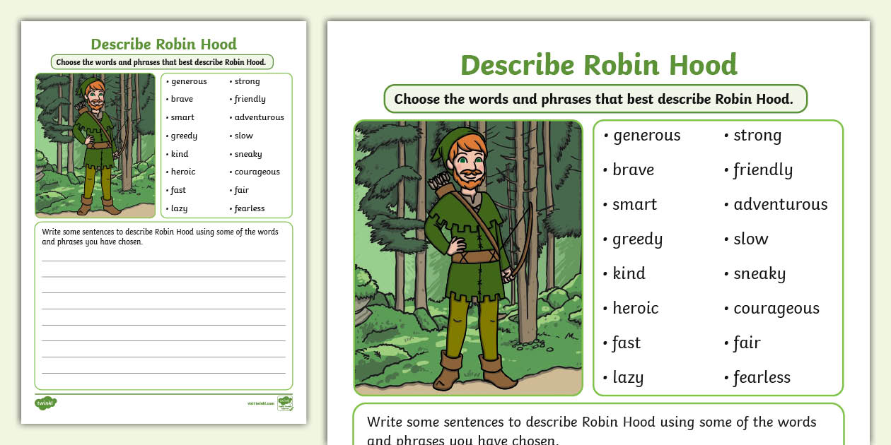 Describe Robin Hood Worksheet - Twinkl Descriptive Writing