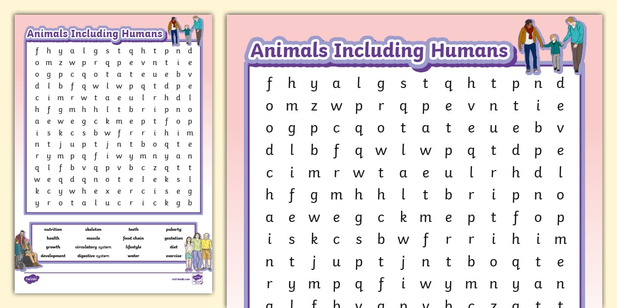 KS2 Animals Including Humans Word Search - Science - Twinkl