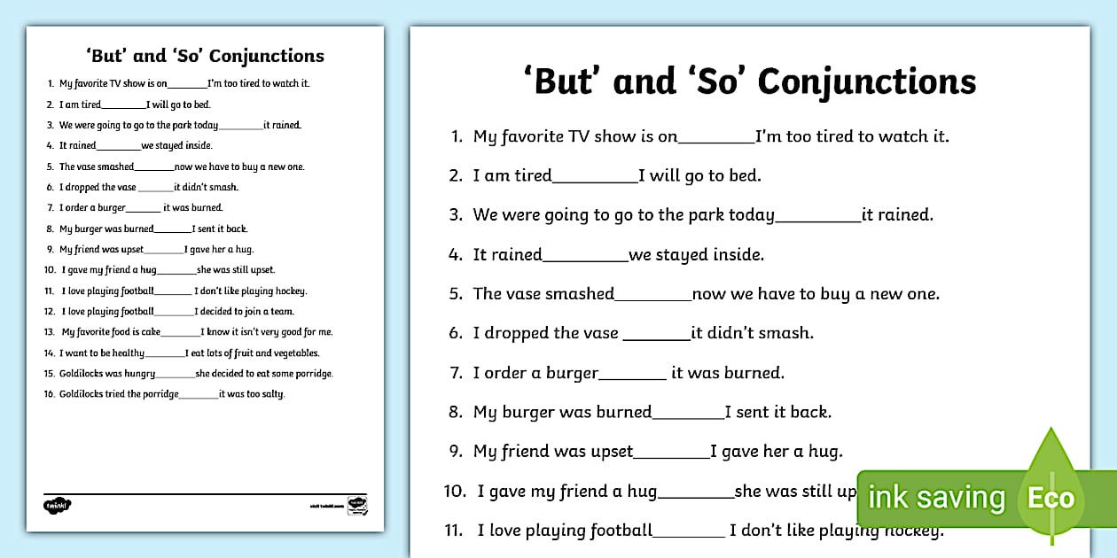 Conjunctions: But and So Worksheet for 3rd-5th Grade