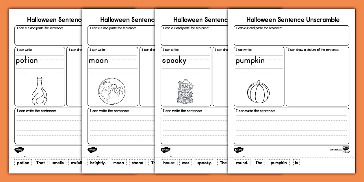 Halloween Sentence Unscramble Activity Worksheet for K-2nd Grade