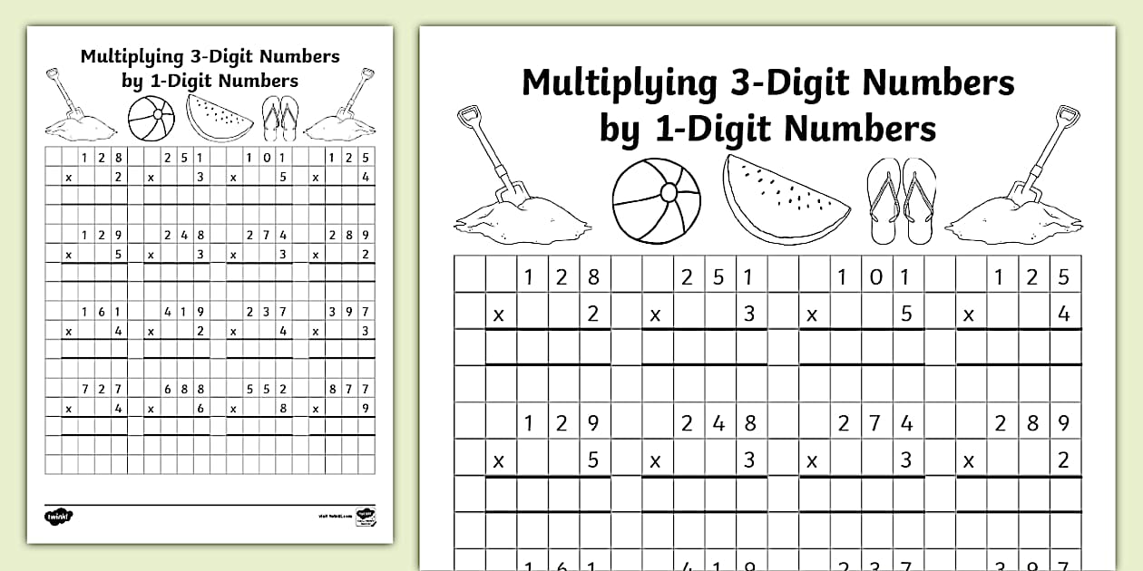 Summer-Themed Multiplying 3-Digit by 1-Digit Activity Sheet