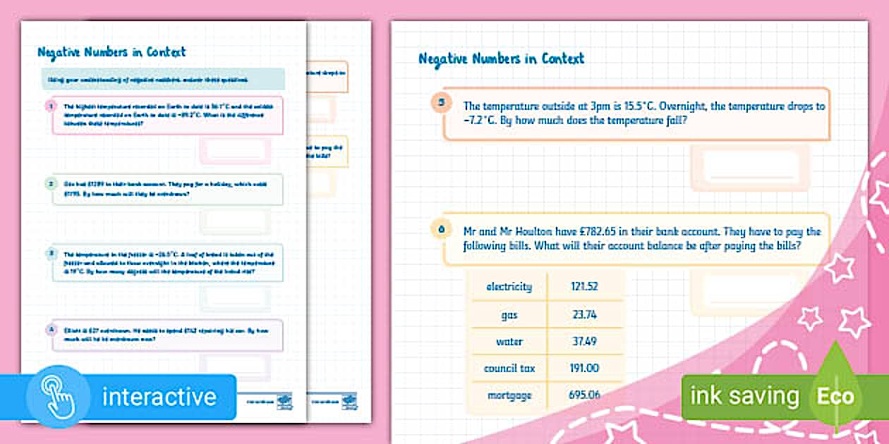 Negative Numbers in Context (Ages 10 - 11) (teacher made)