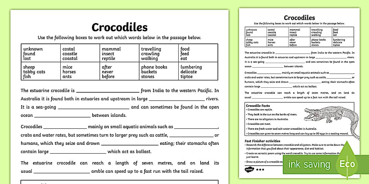 Comprehension Cloze Year 3 - Year 6 | Crocodiles | Twinkl
