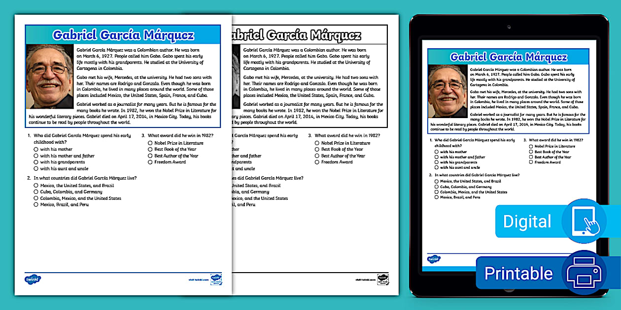 Fourth Grade Gabriel Garcia Marquez Reading Comp Worksheet